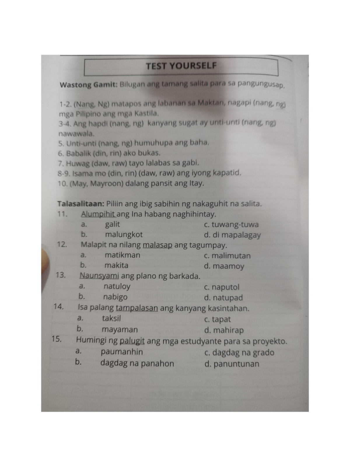 Filipino Questionnaire - TEST YOURSELF Wastong Gamit: Bilugan ang ...