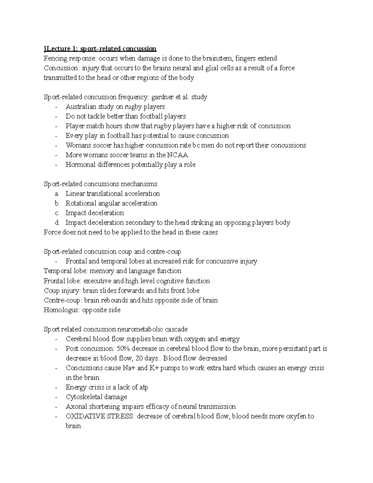 1080 notes - ]Lecture 1: sport-related concussion Fencing response ...