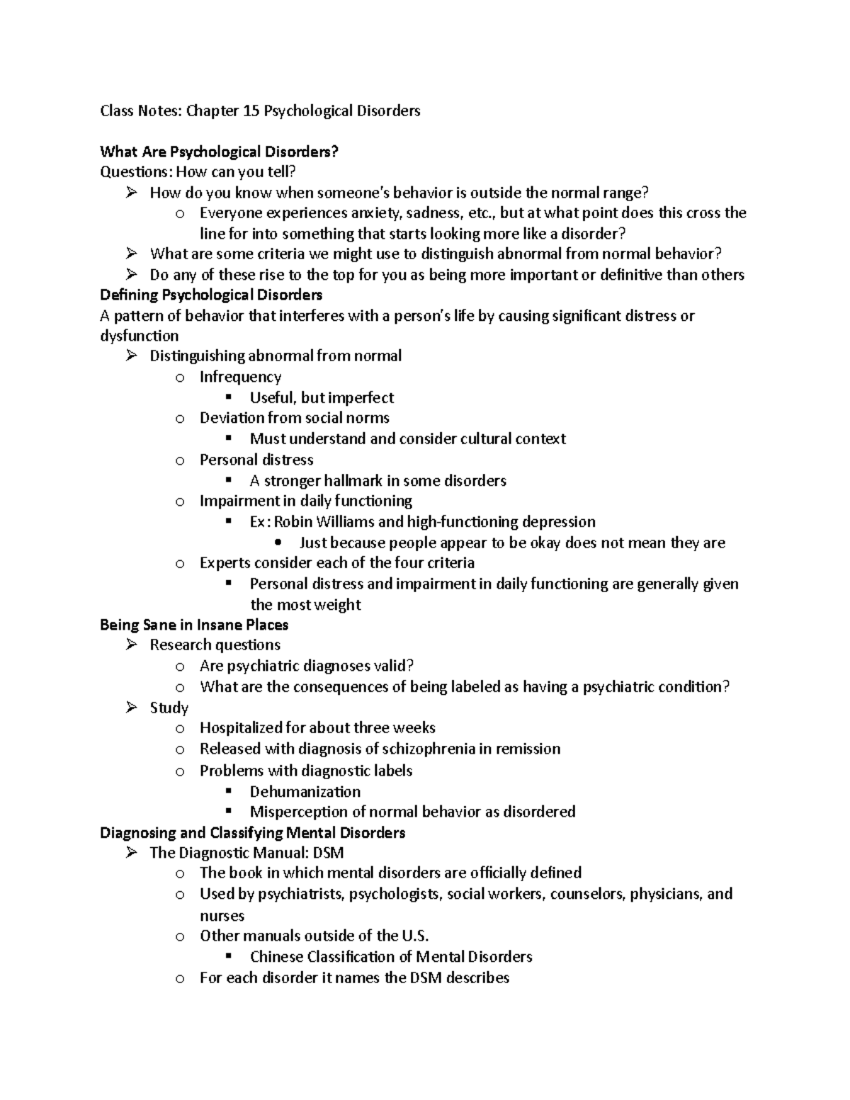 Class Notes Ch. 15 - Class Notes: Chapter 15 Psychological Disorders ...