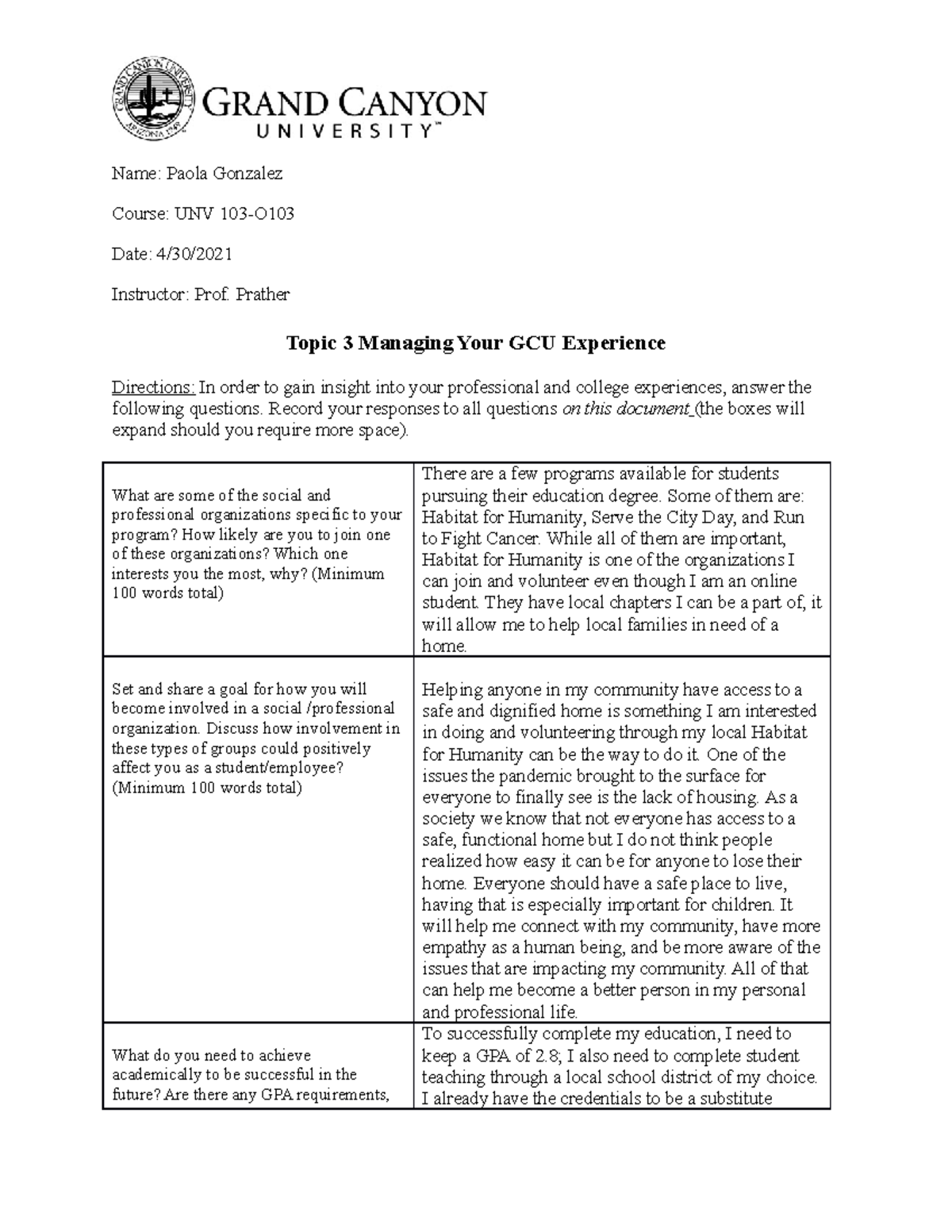 UNV-103 T3 Your GCUExperience Online Template - Name: Paola Gonzalez ...