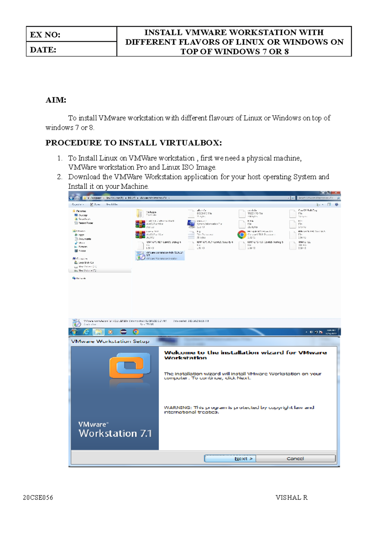 Ex No 3 CC - Usuiejwj - 20CSE056 VISHAL R EX NO: INSTALL VMWARE WORKSTATION WITH DIFFERENT ...