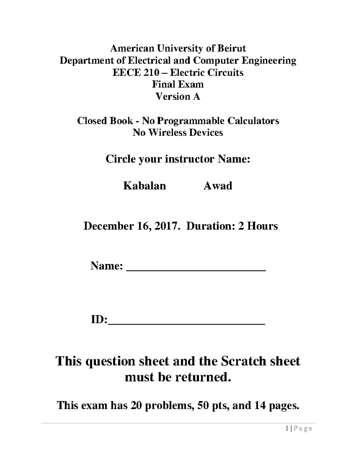 EECE 210 - Final Exam - 2017 Clean Copy - American University of Beirut Department of Electrical ...