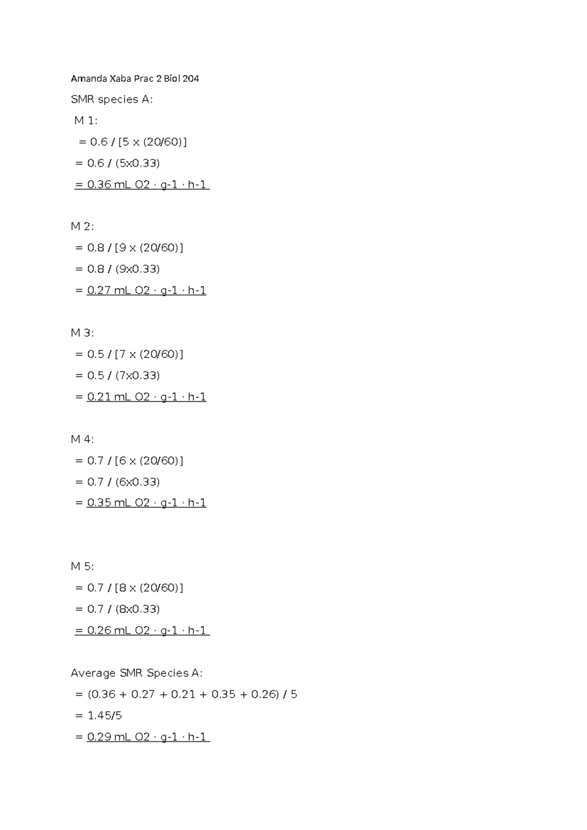 SMR species A - Amanda Xaba Prac 2 Biol 204 SMR species A: M 1: = 0 ...