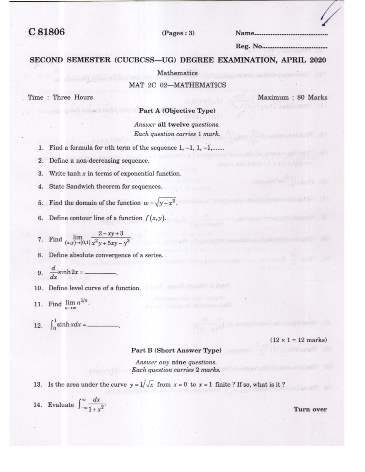Mathematics Question Paper 2020 of batch 204, 15, 16 MAT2C02 - C 81806 ...