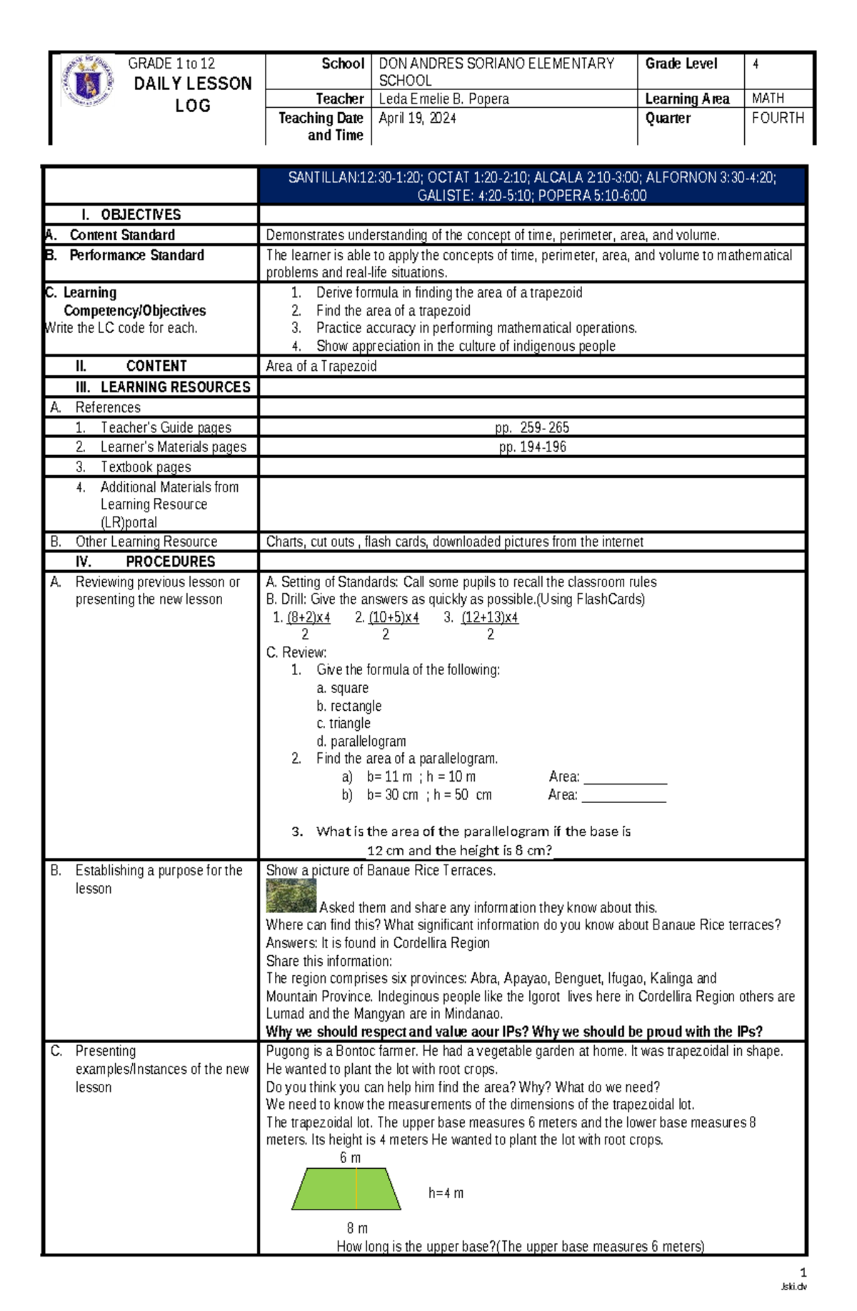 Area of a trapezoid -cot - GRADE 1 to 12 DAILY LESSON LOG School DON ...