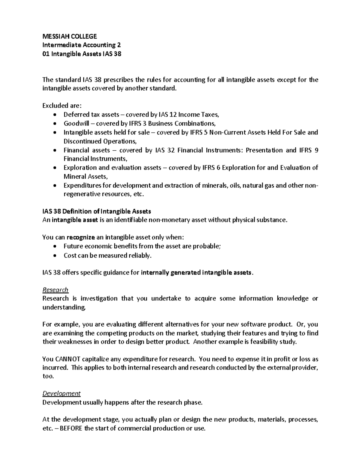 01 intangible assets - Notes on IA2 - MESSIAH COLLEGE Intermediate ...
