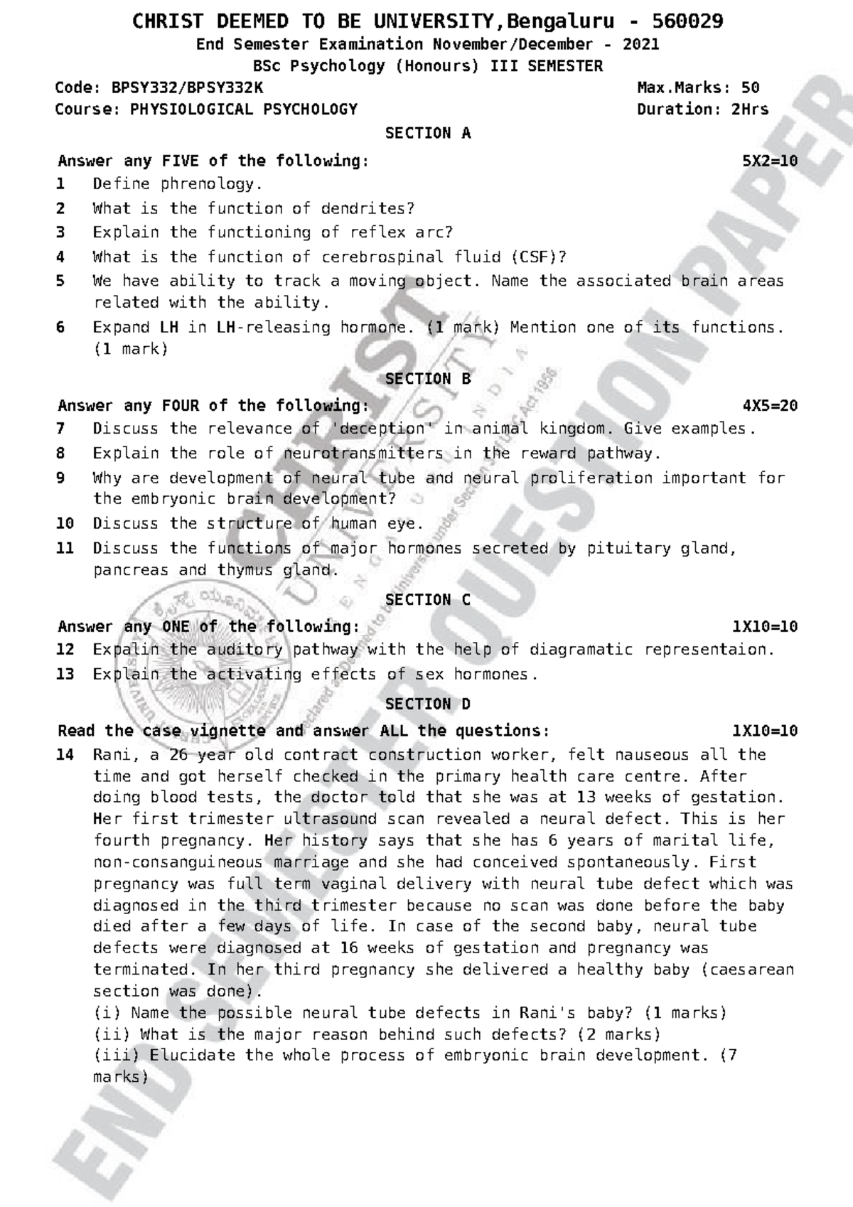 Question paper- Physiological Psychology - CHRIST DEEMED TO BE ...