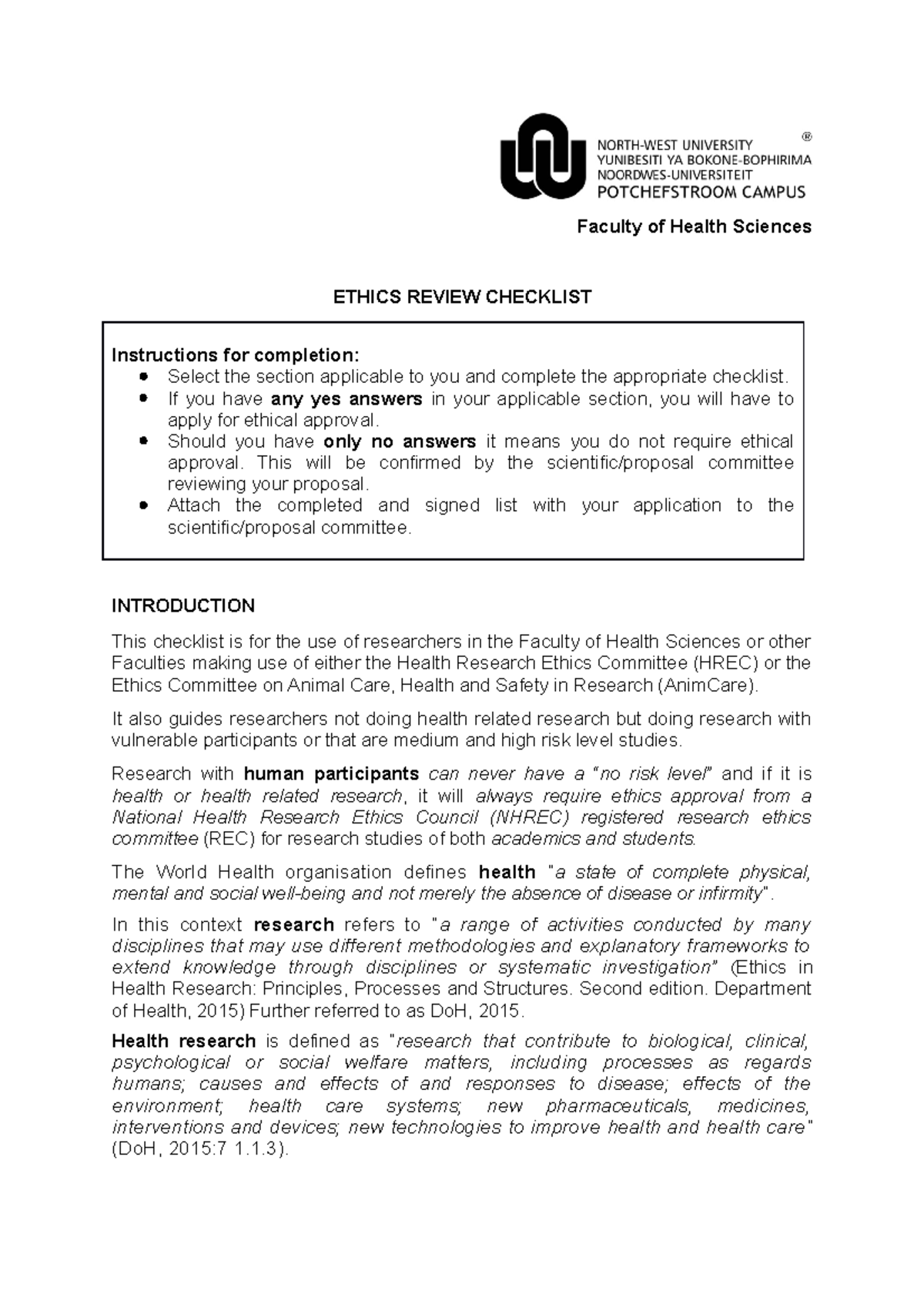 T Revised Ethics review checklist 7 April 2017 - Faculty of Health ...