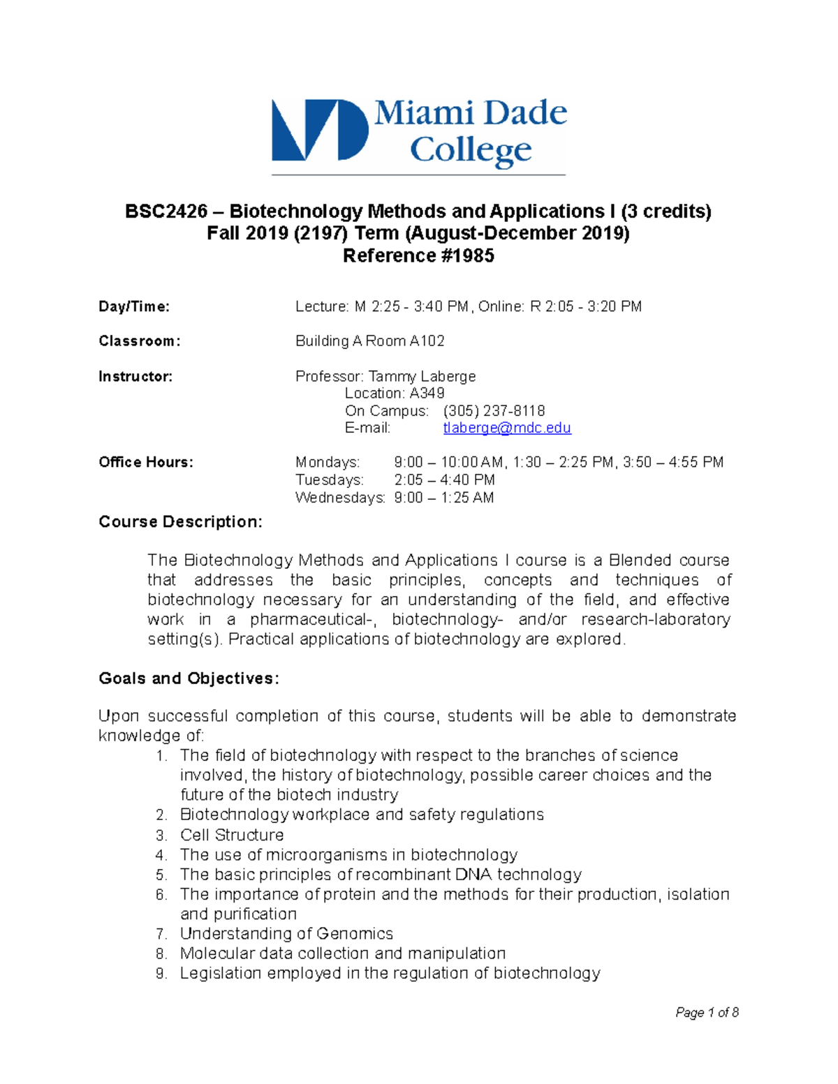 BSC2426 Syllabus Fall 2019 1985 - BSC2426 – Biotechnology Methods and ...