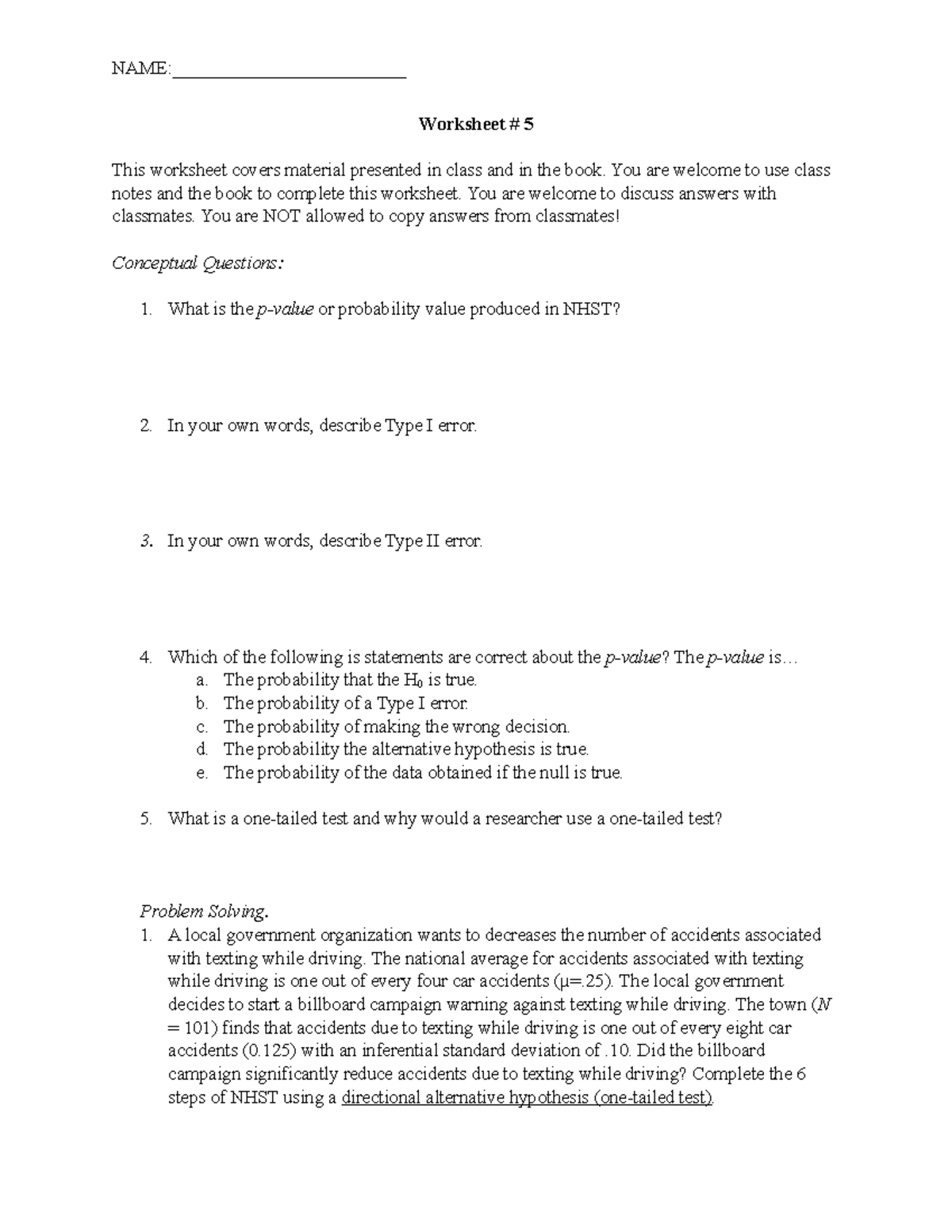 PSY 216 Worksheet 5 - This is an example of a one sample t test in ...