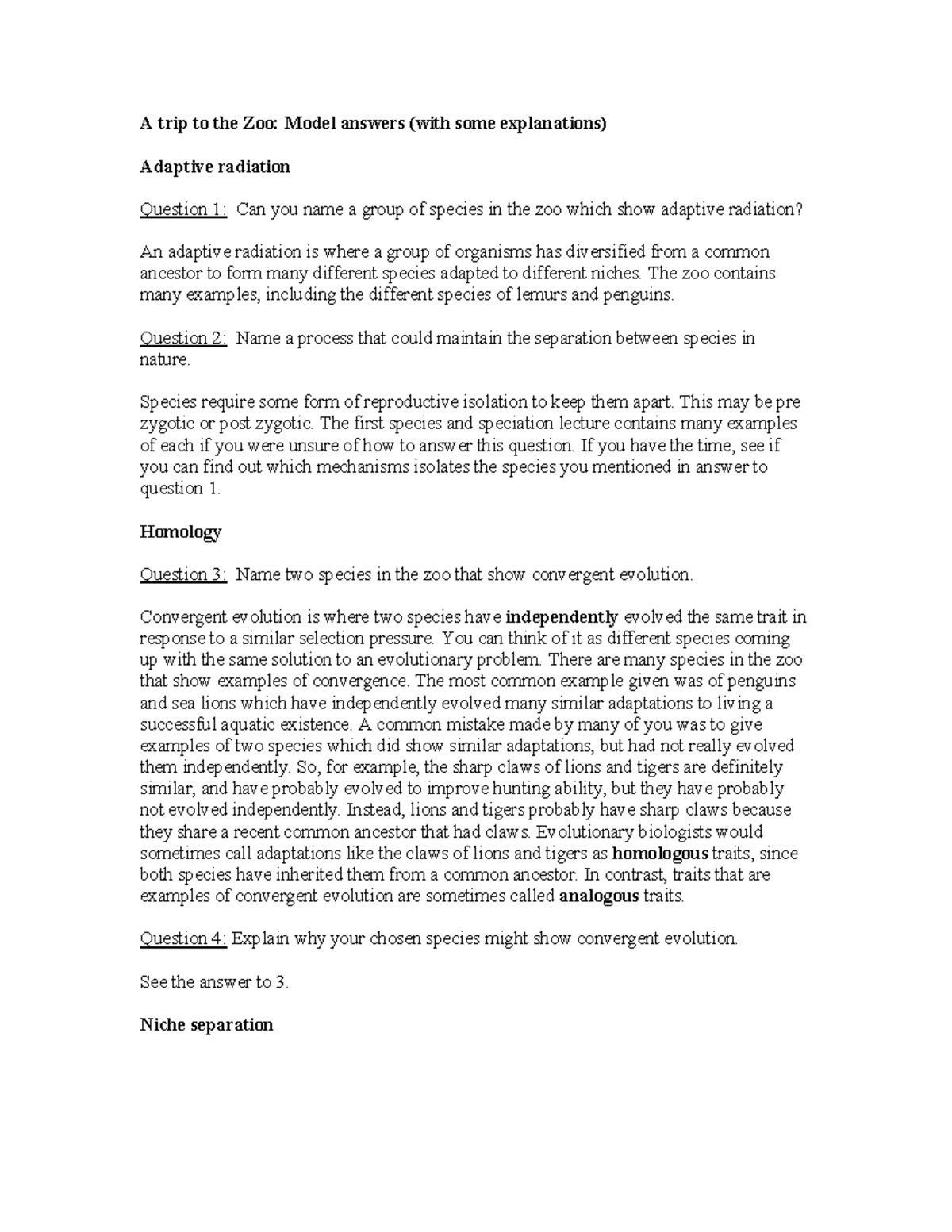ZOO Model Answers - A trip to the Zoo: Model answers (with some explanations) Adaptive radiation ...