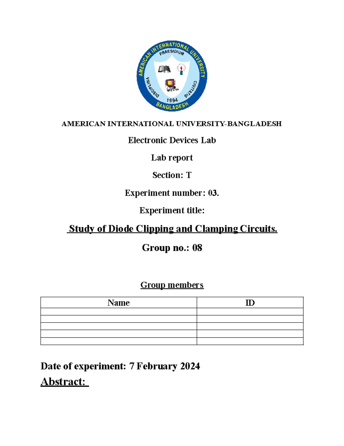 ED Lab report 3 - AMERICAN INTERNATIONAL UNIVERSITY-BANGLADESH ...