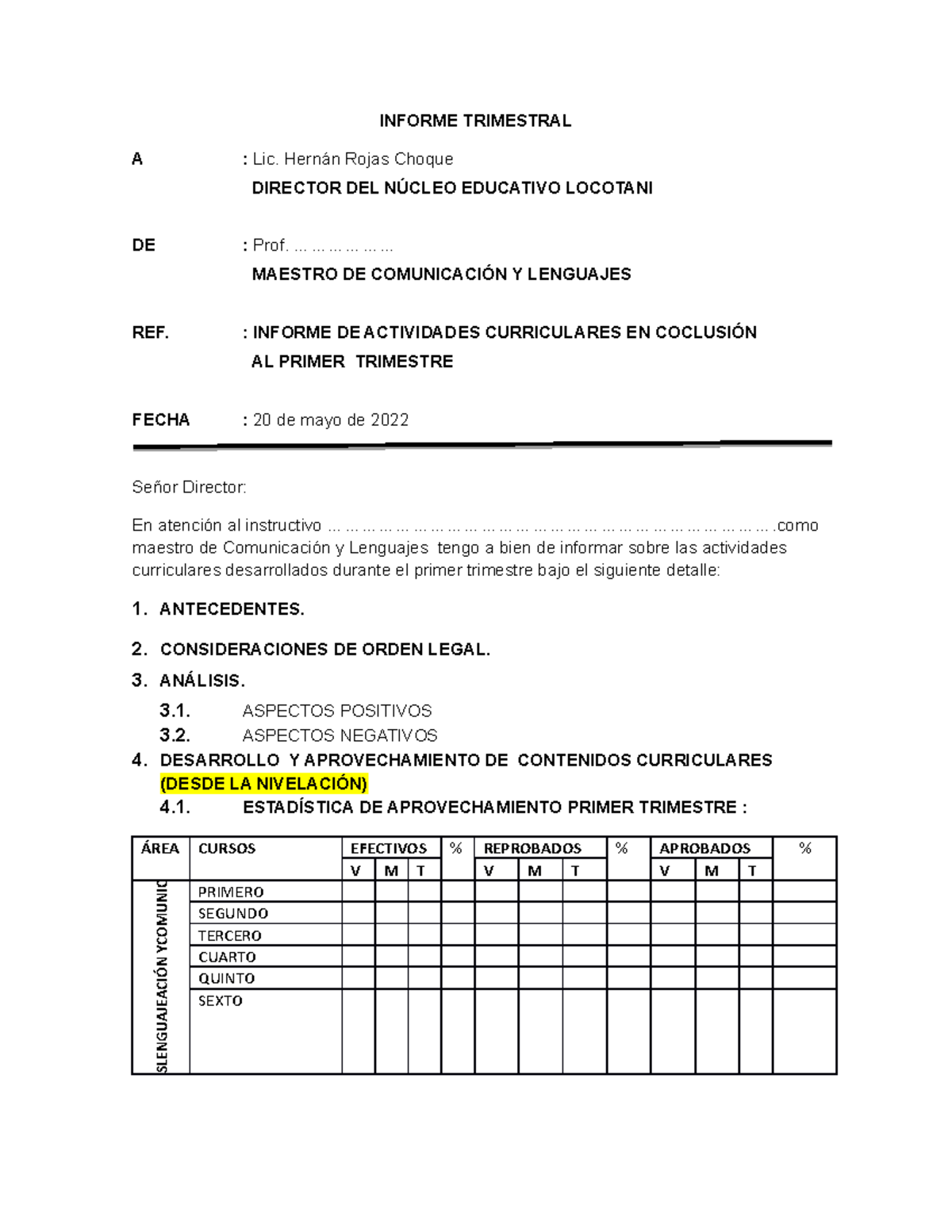 Informe Trimestral Modelo - INFORME TRIMESTRAL A : Lic. Hernán Rojas ...