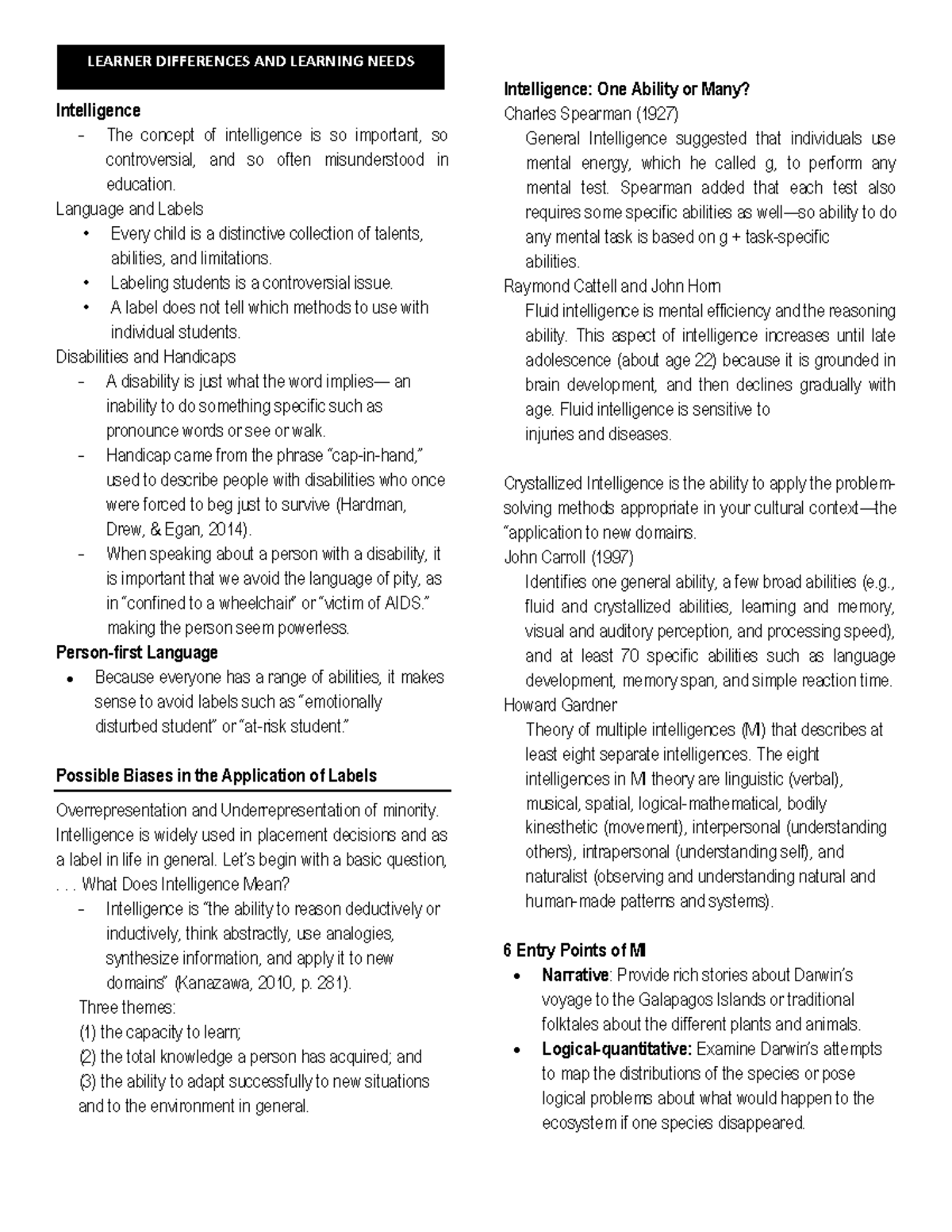 Learner Differences AND Learning Needs - Intelligence - The concept of ...