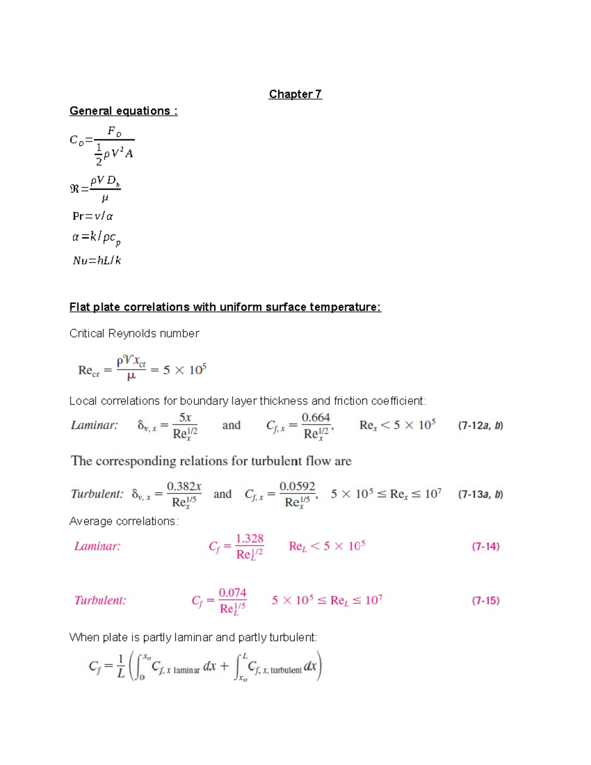 Chapter 7 corr - Summary Heat Transfer I - Chapter 7 General equations ...
