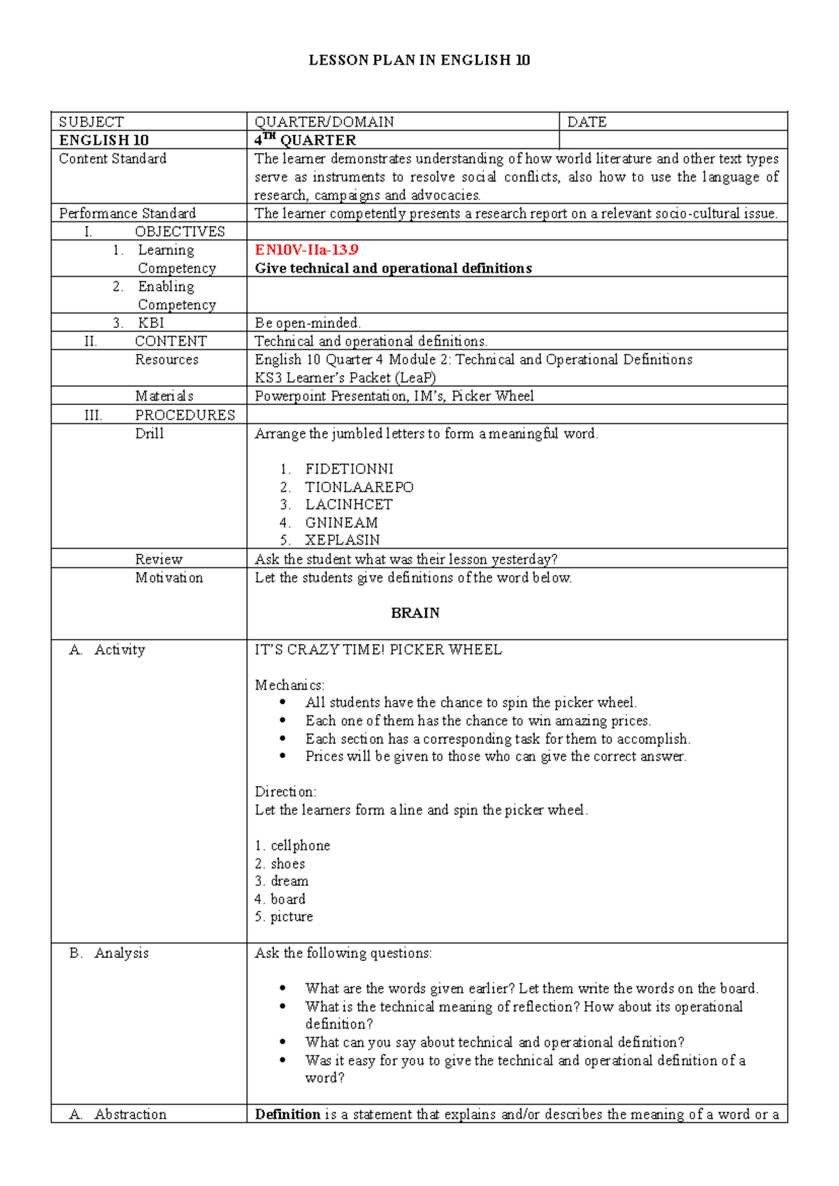 Lesson PLAN IN English 10 - LESSON PLAN IN ENGLISH 10 SUBJECT QUARTER ...