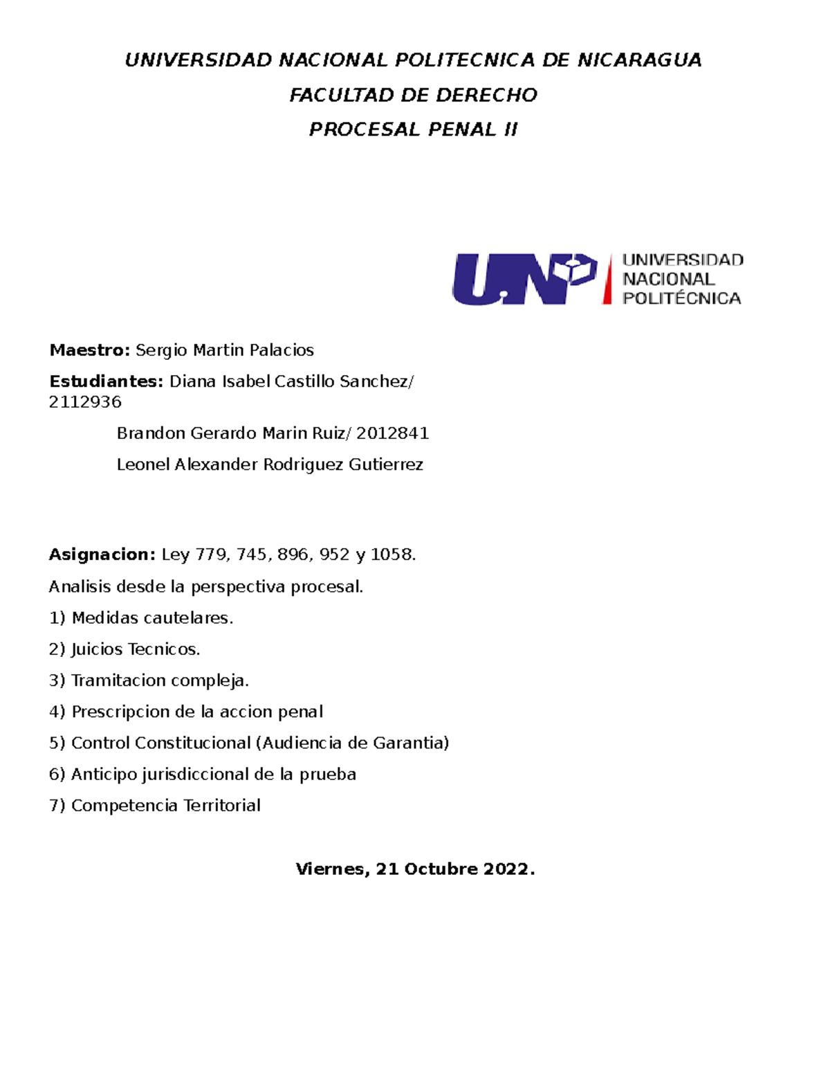 Analisis Penal - UNIVERSIDAD NACIONAL POLITECNICA DE NICARAGUA FACULTAD ...