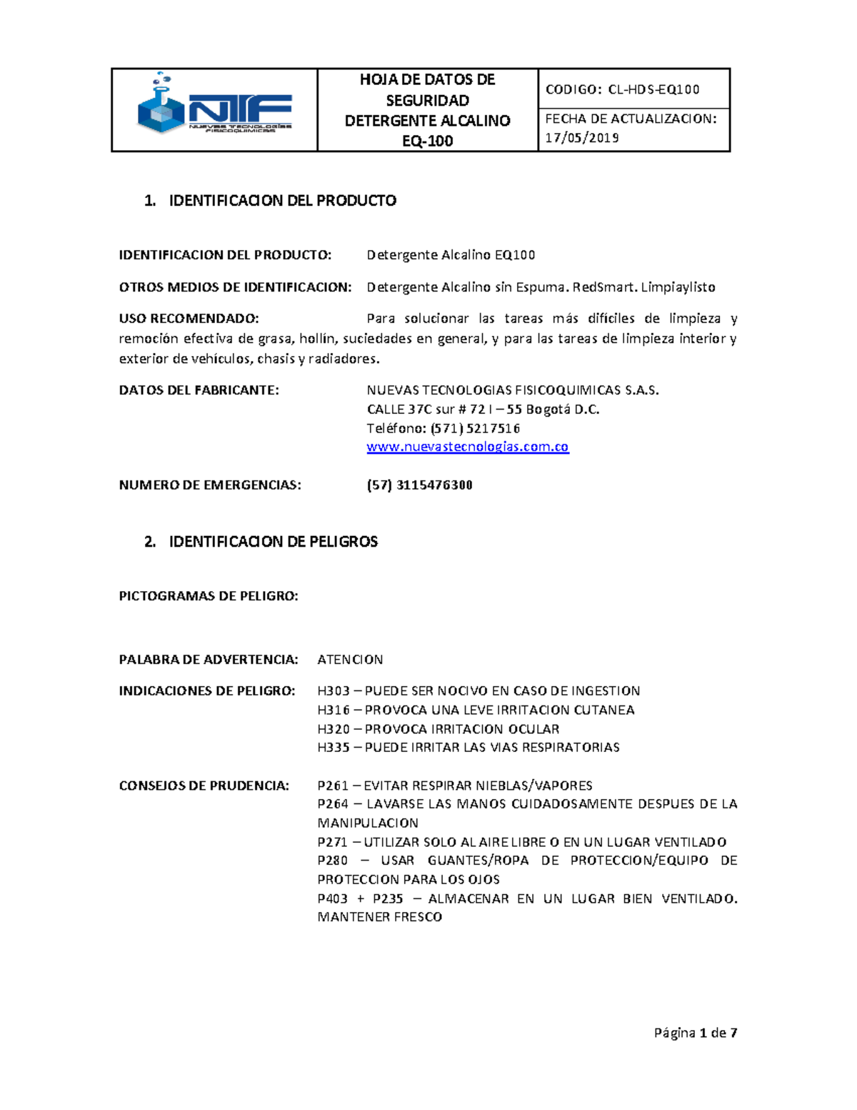 FDS - Detergente Alcalino EQ100 - SEGURIDAD DETERGENTE ALCALINO EQ ...