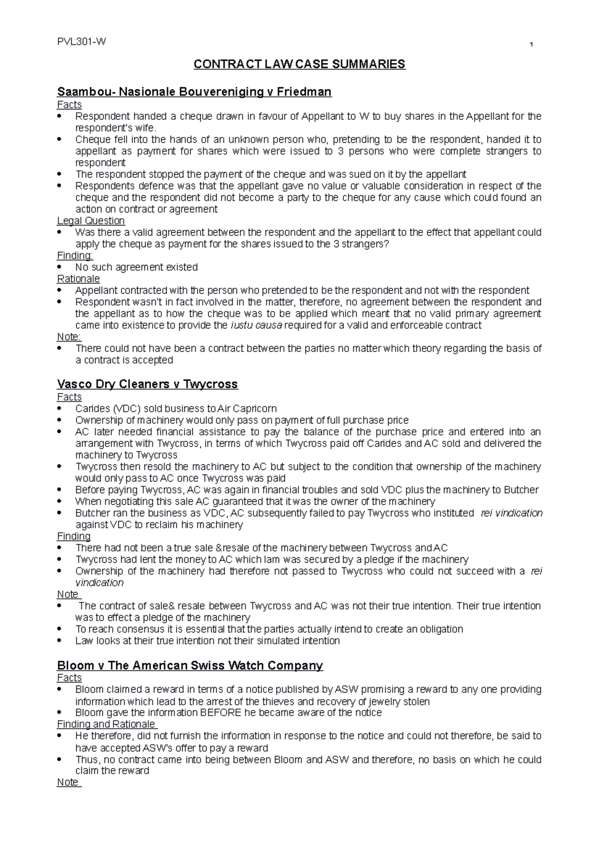 Contract cases - It is what it is - CONTRACT LAW CASE SUMMARIES Saambou ...