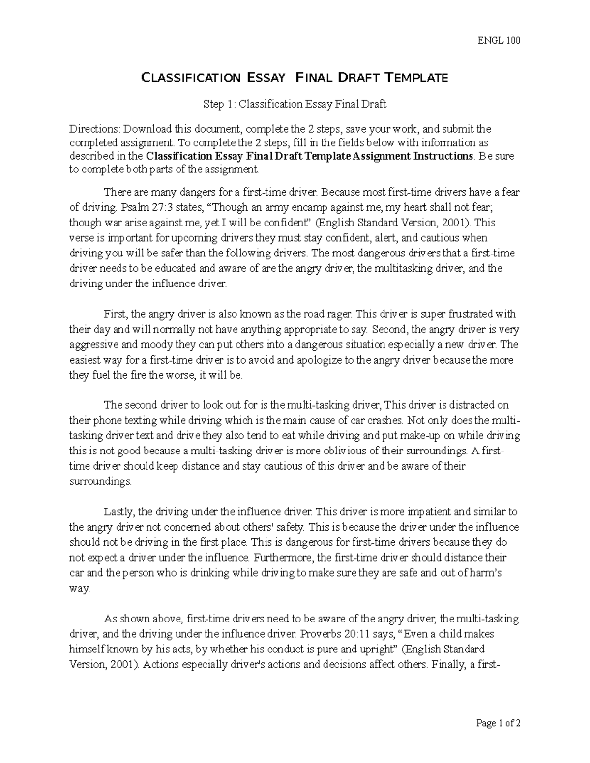 Classification Essay Final Draft Assignment Template - ENGL 100 ...