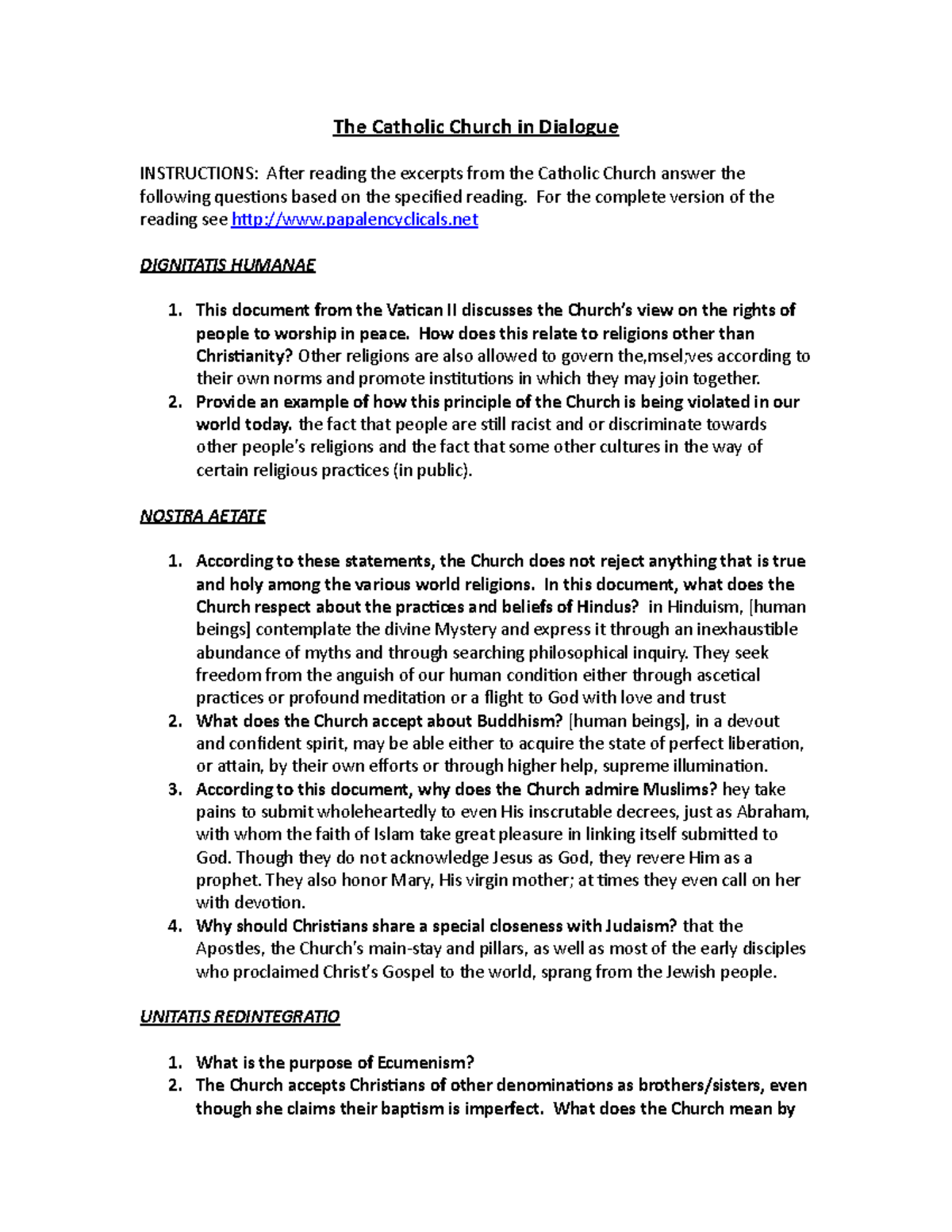 The Catholic Church in Dialogue Questions - The Catholic Church in ...