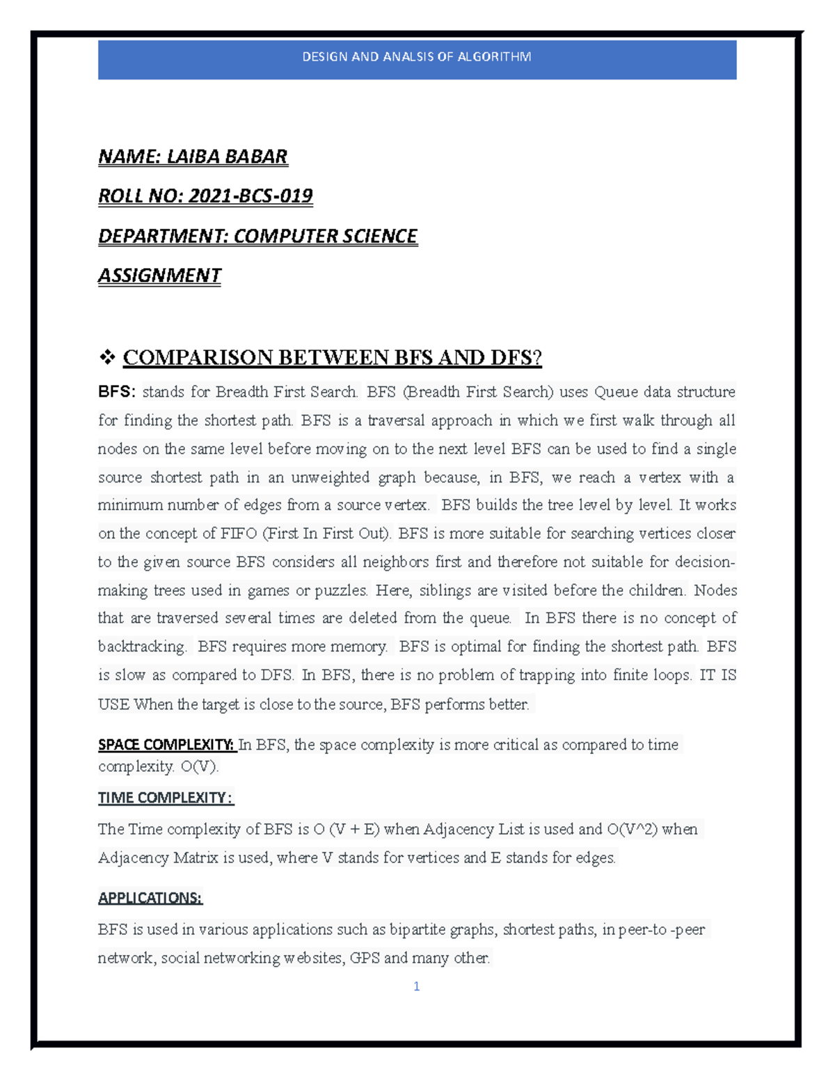intro to algorithms - something about algorithms - NAME: LAIBA BABAR ROLL NO: 2021-BCS ...