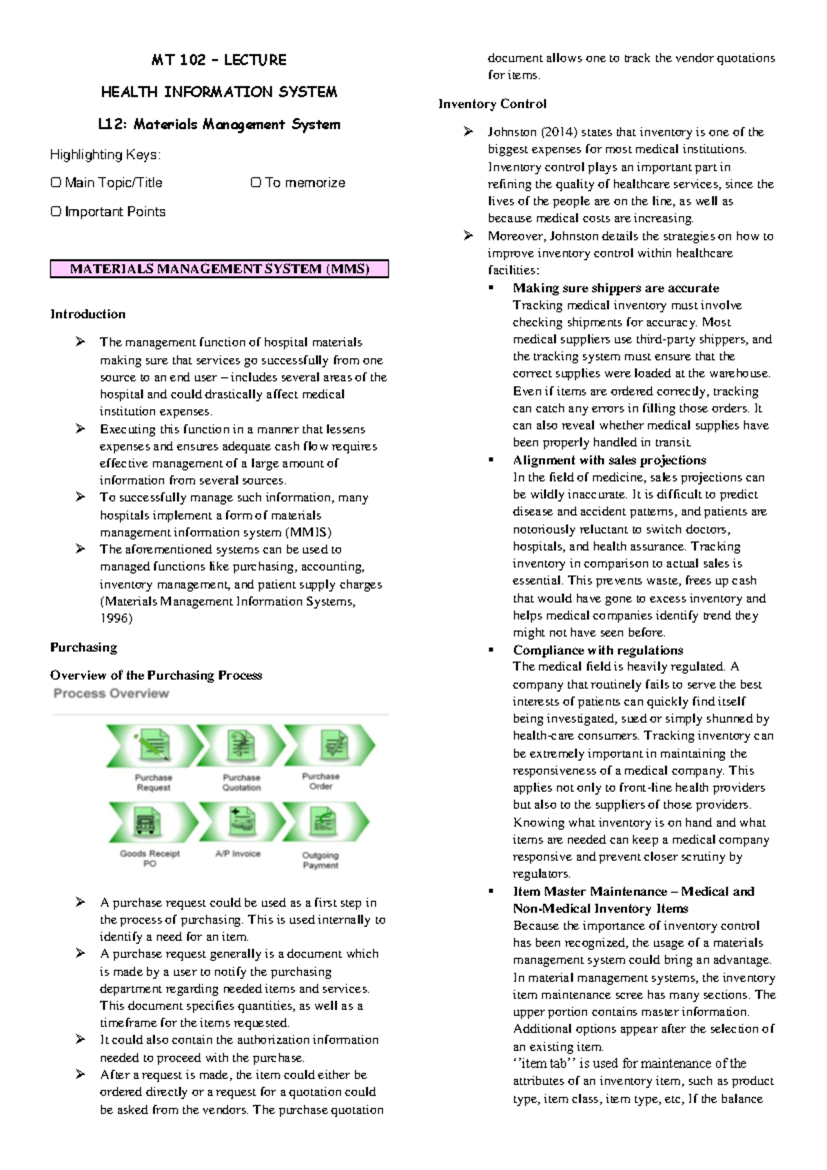 HIS - L12 - Transes - MT 102 – LECTURE HEALTH INFORMATION SYSTEM L12: Materials Management ...