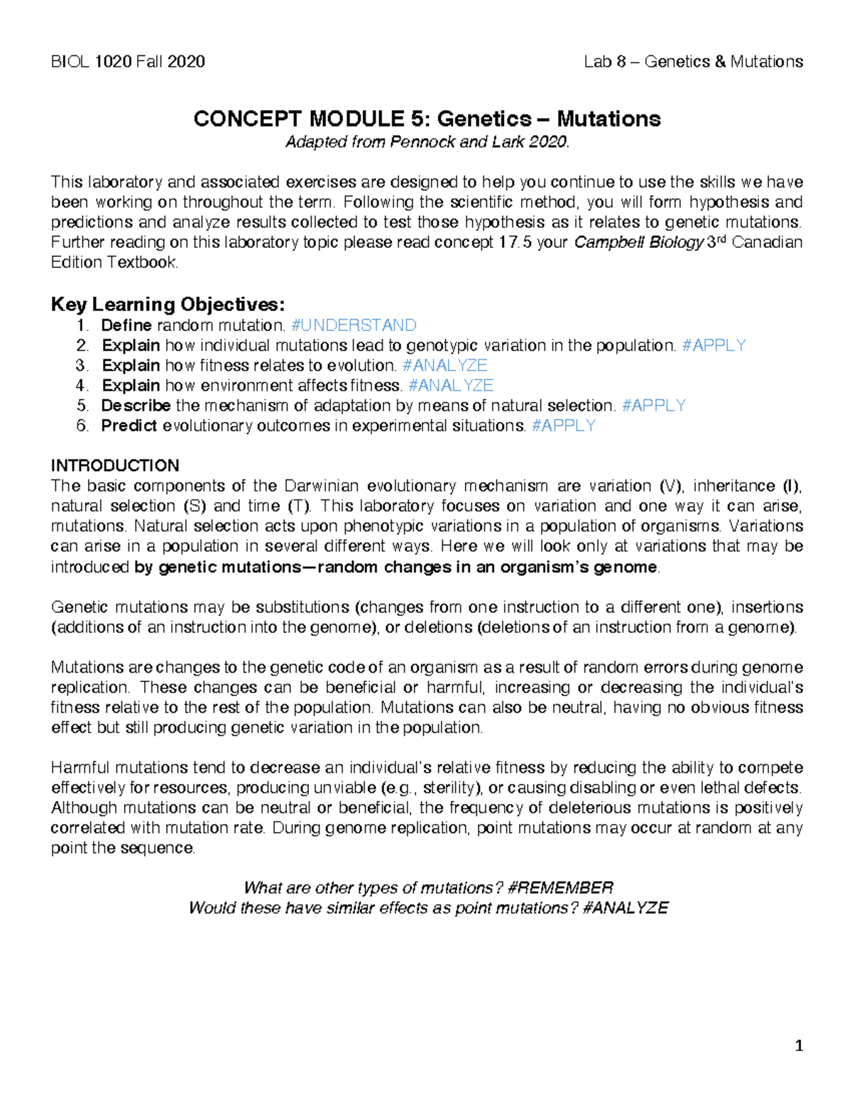 BIOL 1020 Lab 8 Handout - Lab dataset - BIOL 1020 Fall 2020 Lab 8 ...