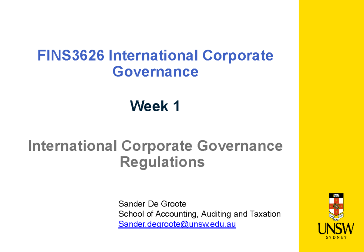 Week 1 FINS3626 Lecture - FINS3626 - UNSW Sydney - Studocu