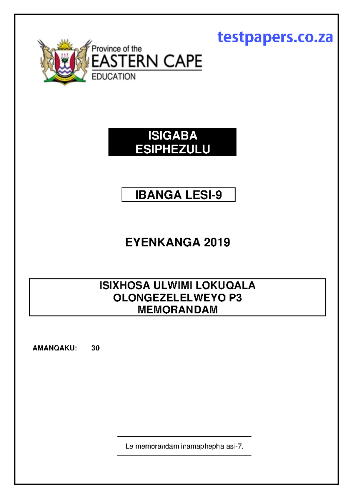 Ixhosa FAL P3 NOV2019 - ISIGABA ESIPHEZULU IBANGA LESI- 9 EYENKANGA 20 ...