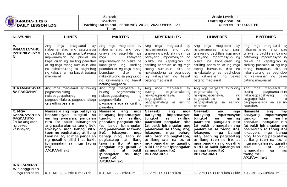 DLL AP Q3 G1 W2 - Study - GRADES 1 to 6 DAILY LESSON LOG School: Grade ...