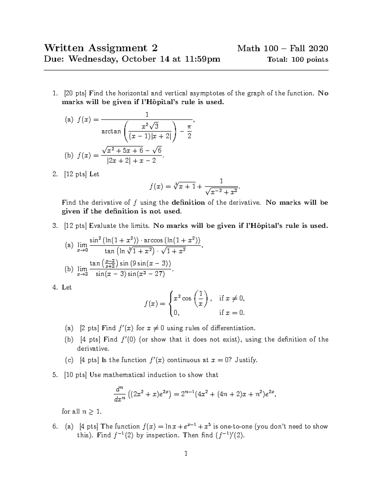 Math100-hw2 - Fall 2020 Assignment 2 - Written Assignment 2 Math 100 – Fall 2020 Due: Wednesday ...