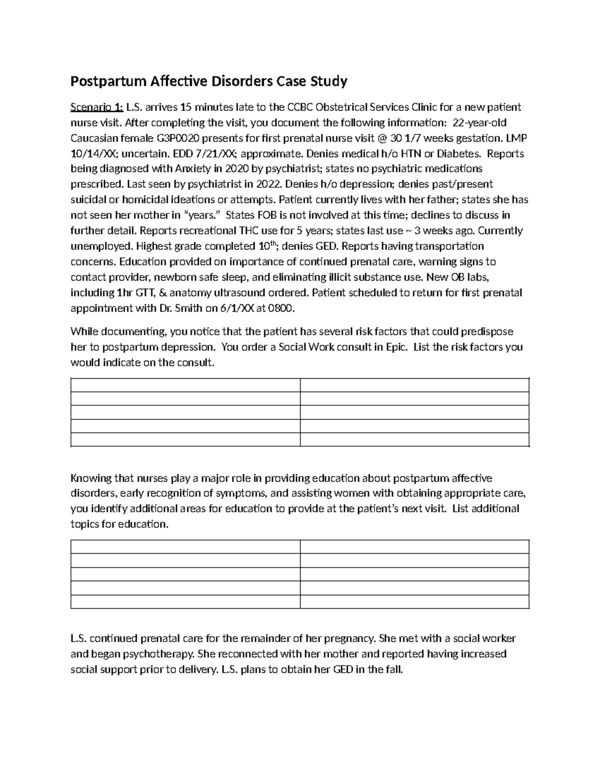 Postpartum Affective Disorders Case Study - arrives 15 minutes late to ...
