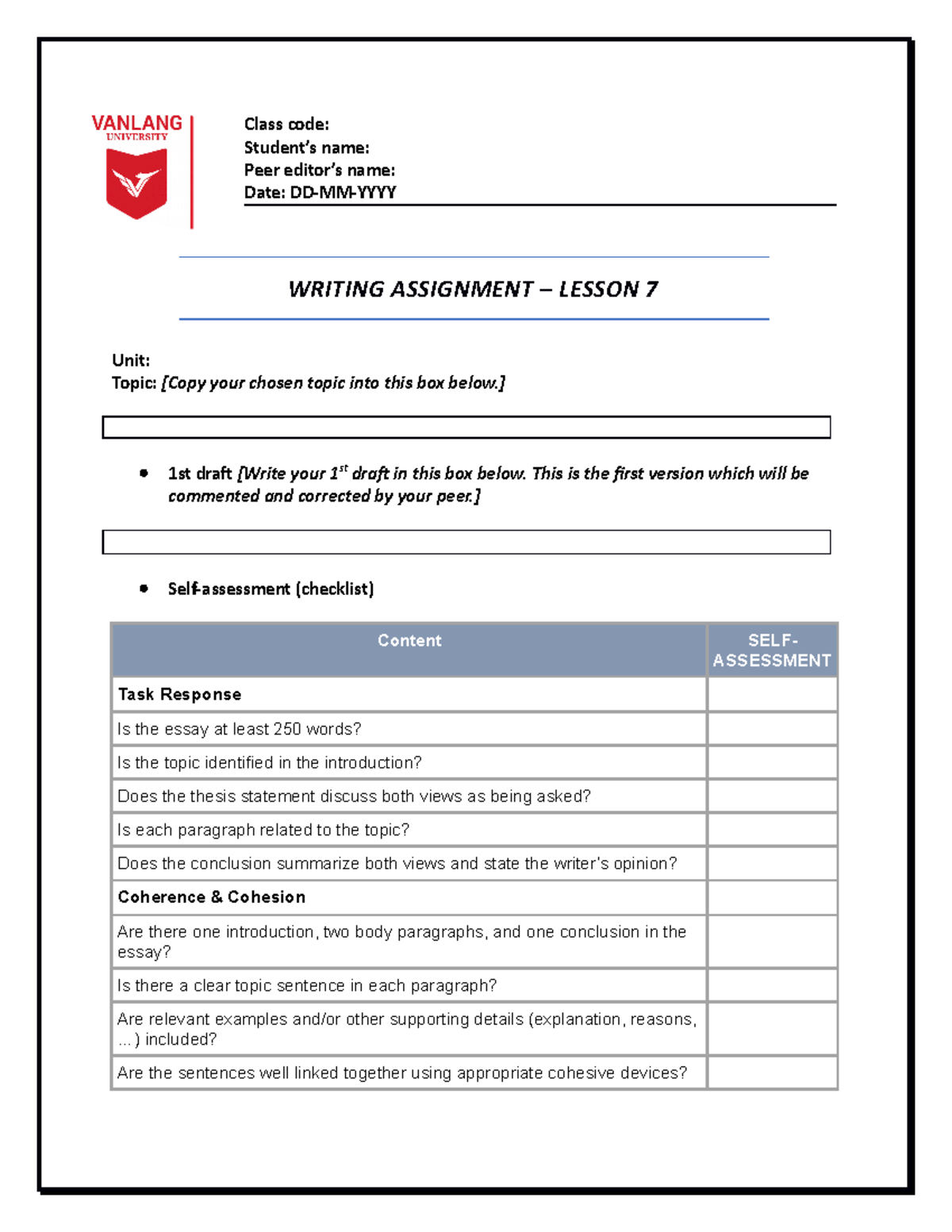 Writing template - không - Class code: Student’s name: Peer editor’s ...