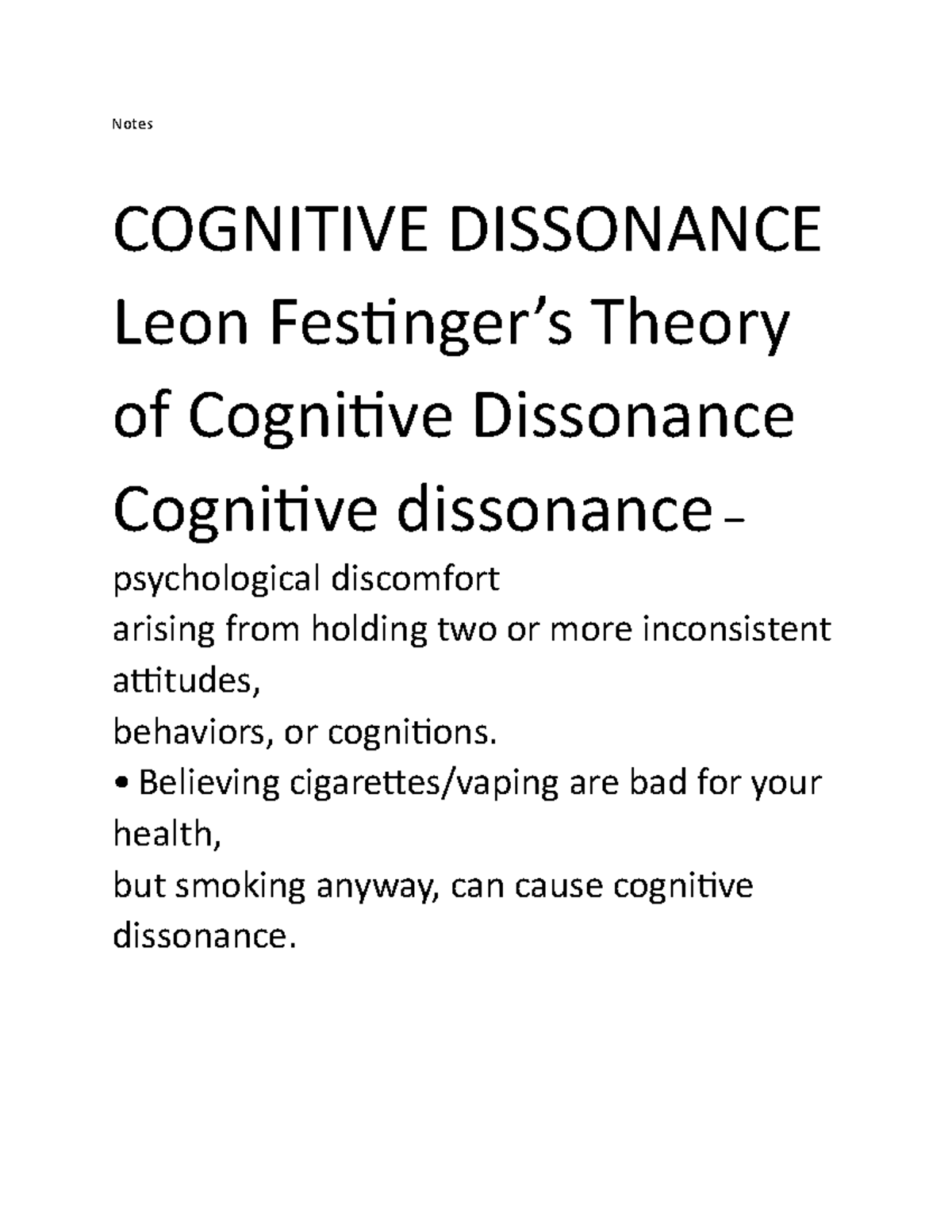 Document 74 - psychology - Notes COGNITIVE DISSONANCE Leon Festinger’s ...