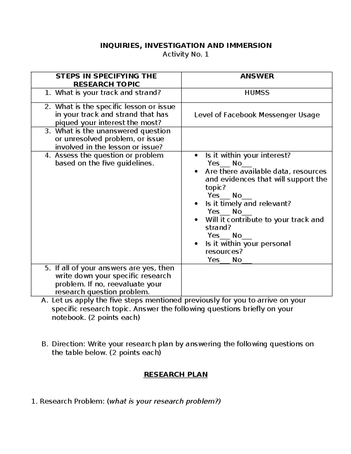 Practical Research - INQUIRIES, INVESTIGATION AND IMMERSION Activity No ...