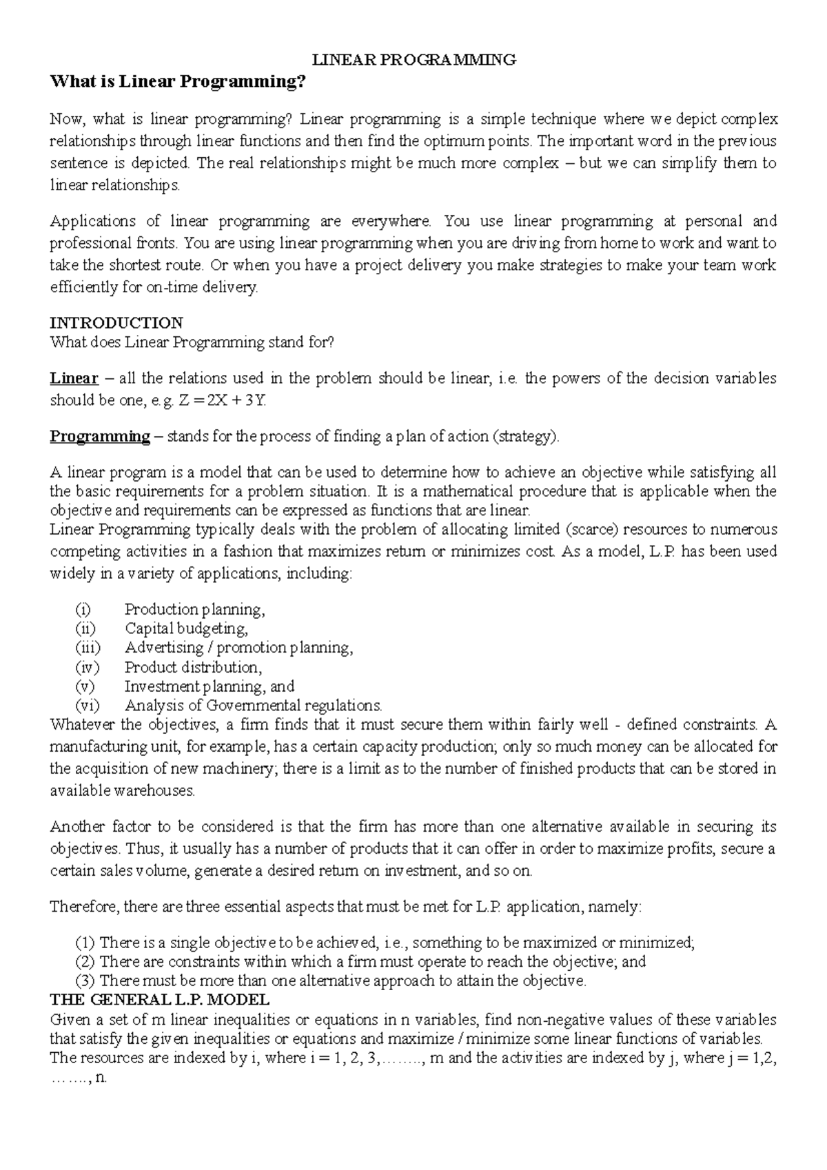 Linear Programming Summary In Project Management Linear Programming What Is Linear Programming
