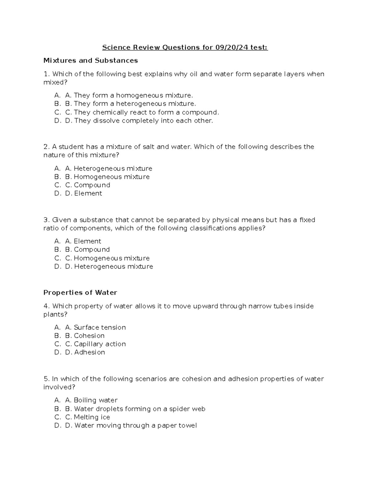 Science Review 920 - Science Review Questions for 09/20/24 test ...