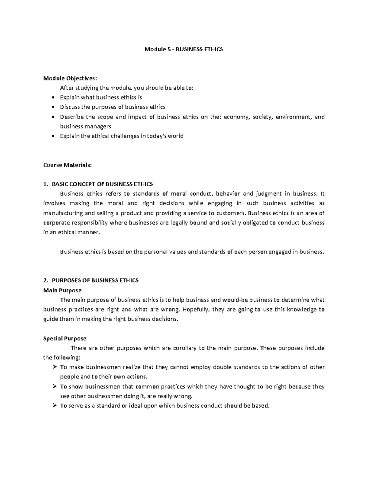 Module 5 - Business Ethics - Module 5 - BUSINESS ETHICS Module ...