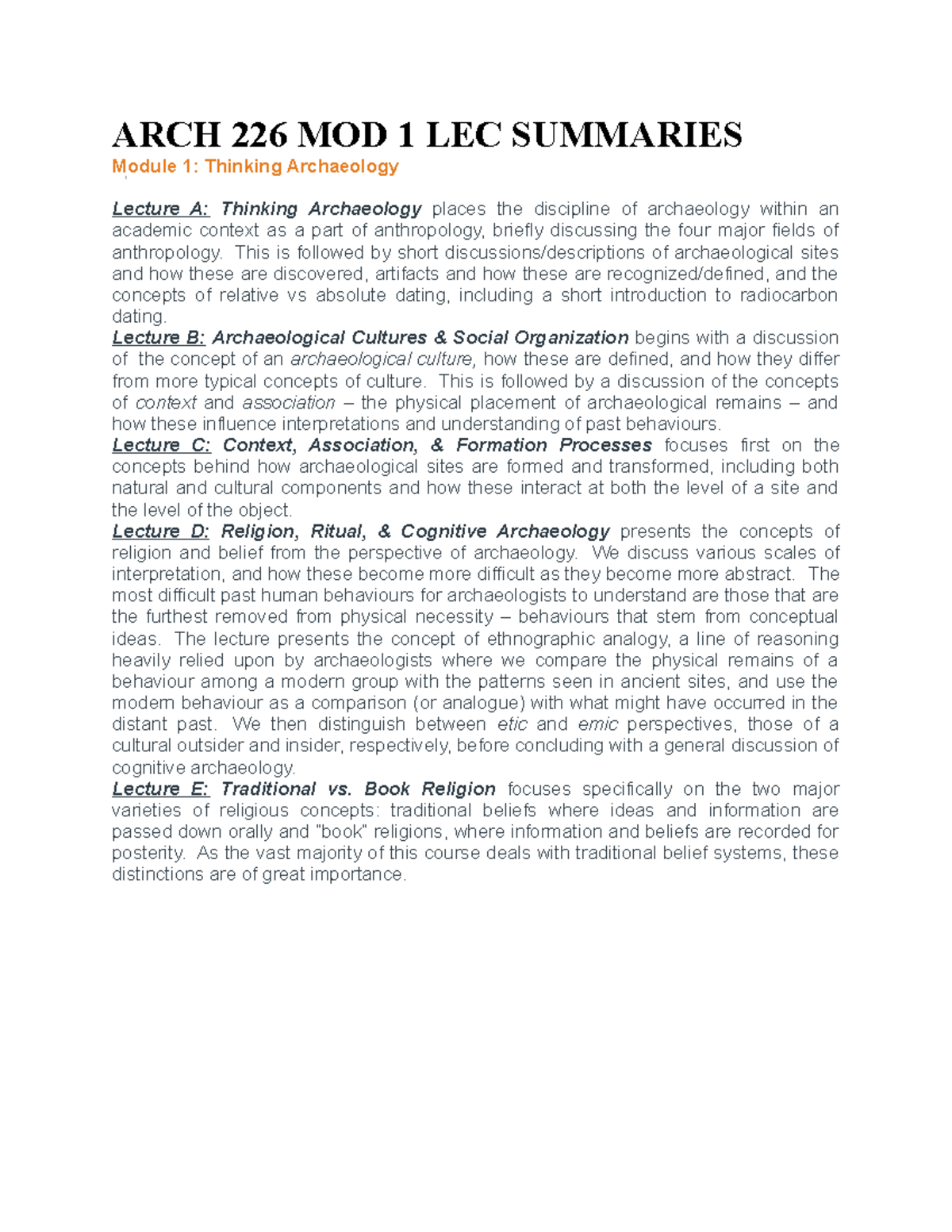 Arch 226 Mod 1 Lec Summaries Arch 226 Mod 1 Lec Summaries Module 1 Thinking Archaeology