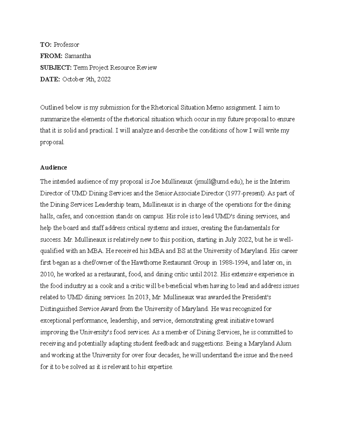 Rhetorical Situation Memo- Samantha Scoli - TO: Professor FROM ...