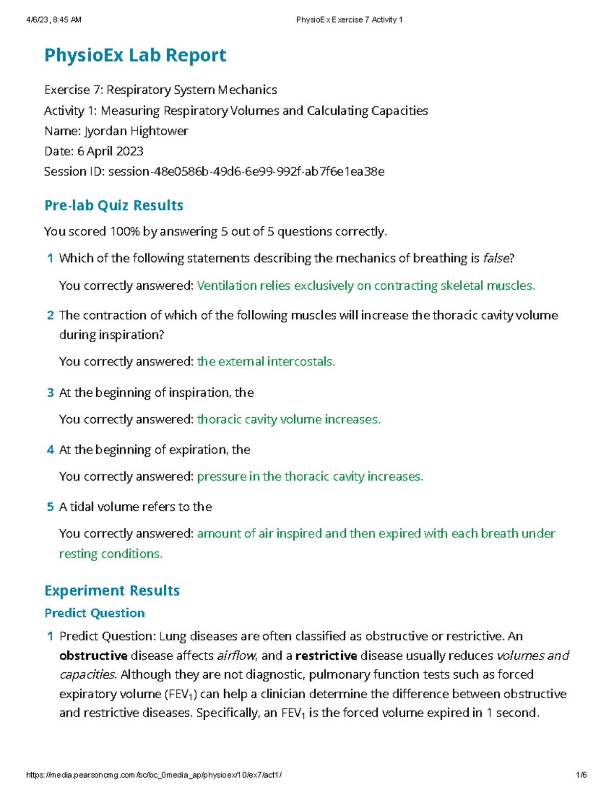 Respiratory System Mechanics Physio Ex 1 - PhysioEx Lab Report Exercise ...