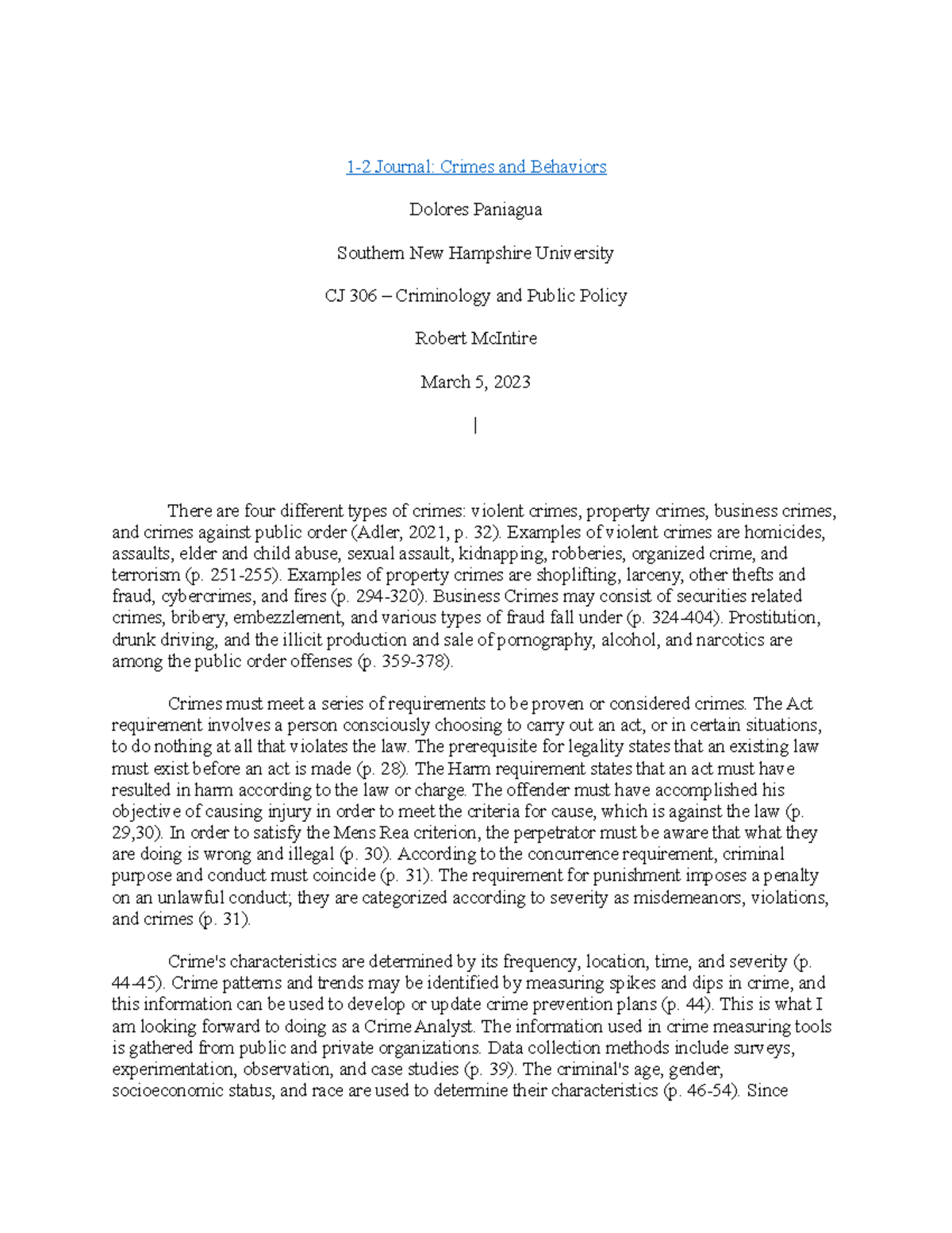 CJ 306- Module 1 Journal - 1-2 Journal: Crimes and Behaviors Dolores ...