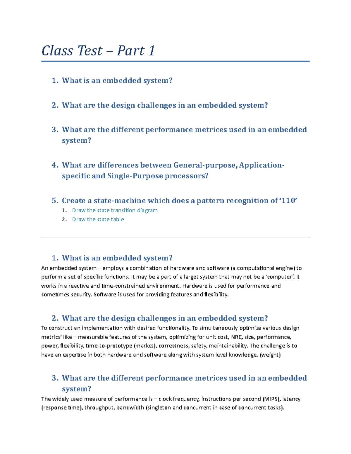 Class Test Part1 - Class Test – Part 1 1. What is an embedded system? 2 ...