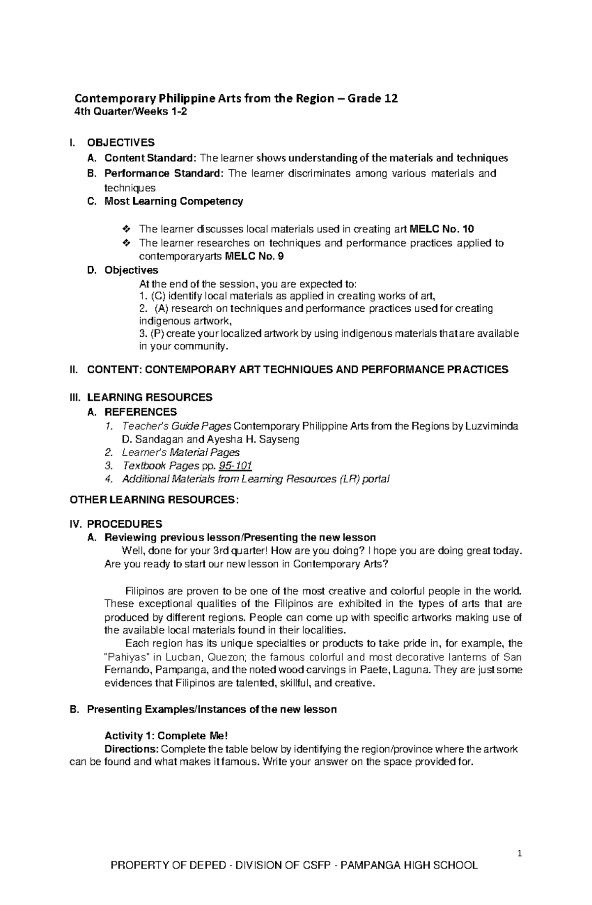Q4 CPAR 12 Q4 W1 6 Sipacks 2021-2022 - 1 Contemporary Philippine Arts ...