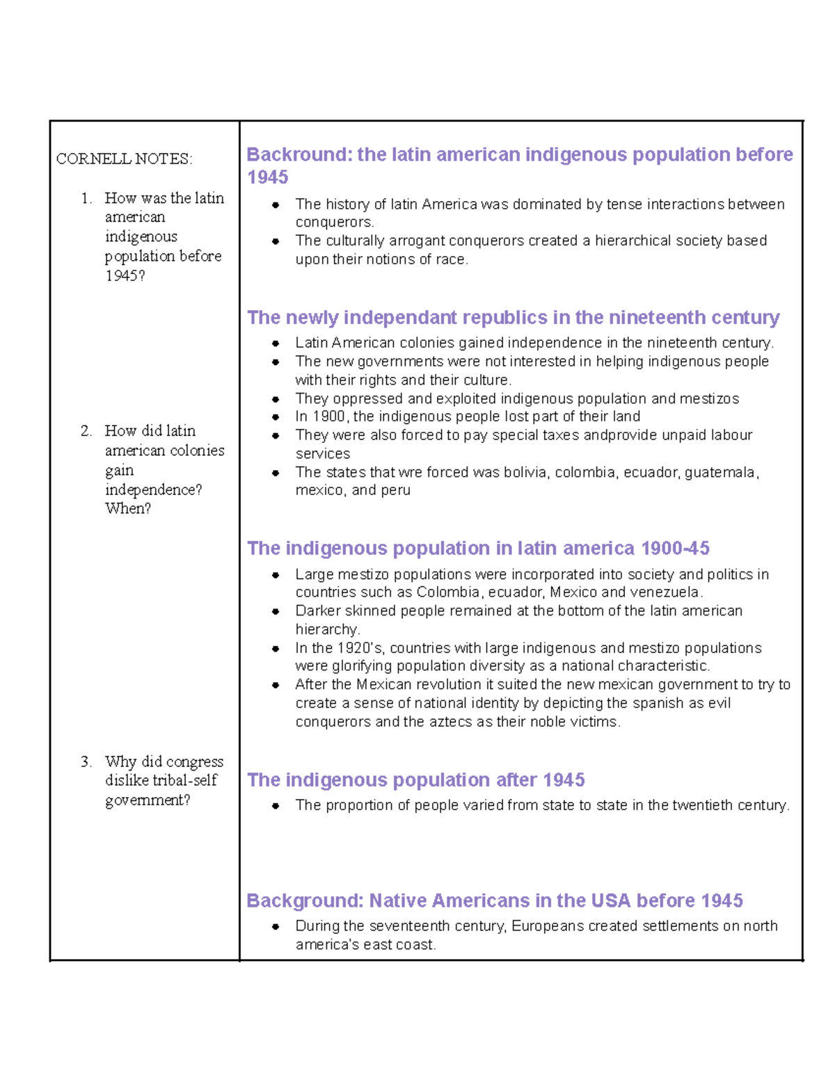 Indigenous Movement Notes - CORNELL NOTES: 1. How was the latin ...