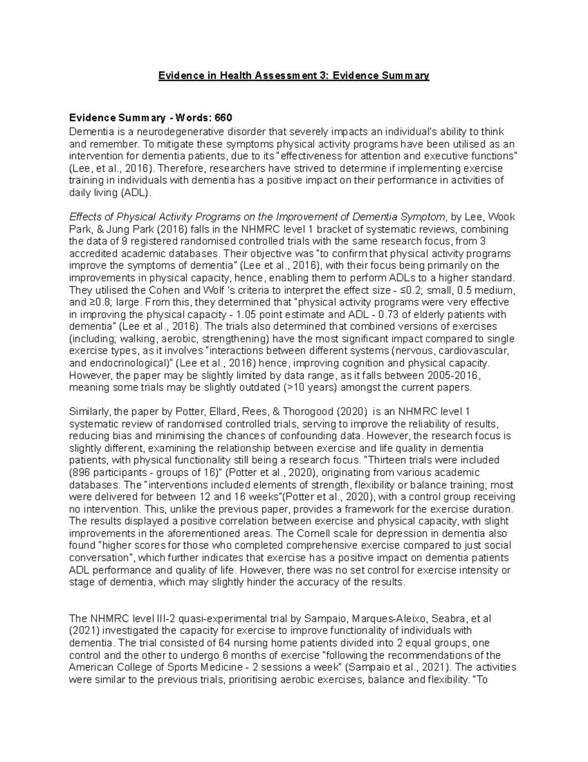 Evidence Summary Assessment 3 - Evidence in Health Assessment 3 ...