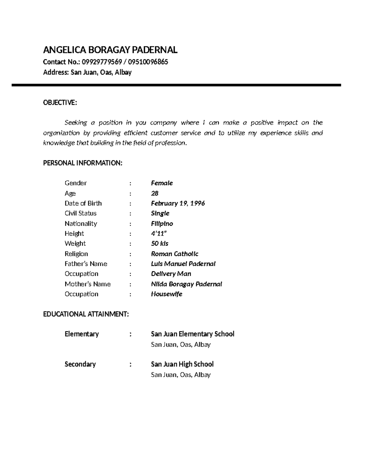 Angelica Boragay Padernal - ANGELICA BORAGAY PADERNAL Contact No ...