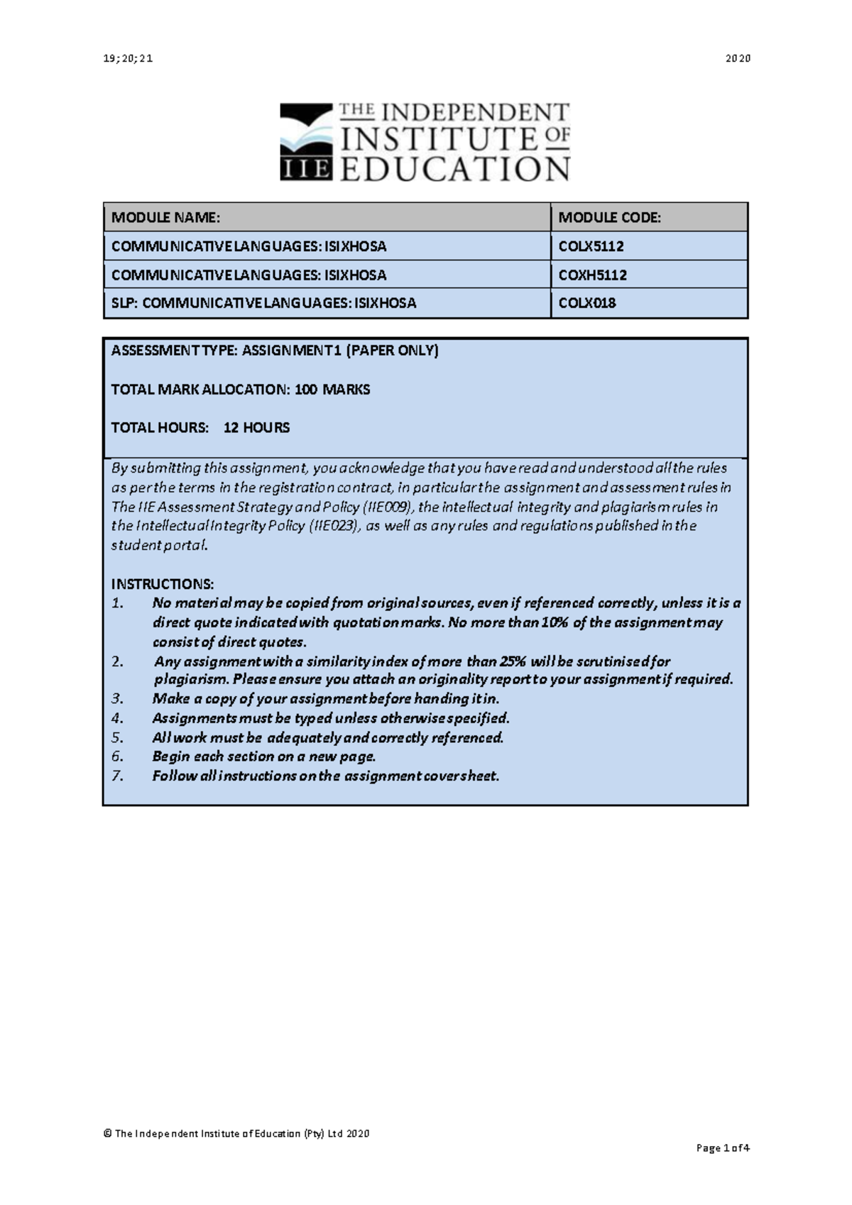 Assignment 1 - DOCUMENT - © The Independent Institute of Education (Pty ...