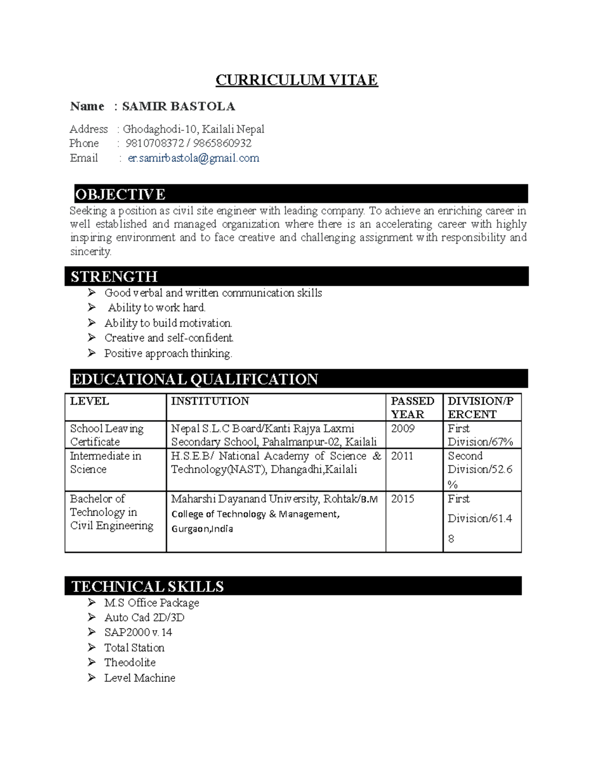Samir Resume Edited - CIVIL ENGINEERING - CURRICULUM VITAE Name : SAMIR ...